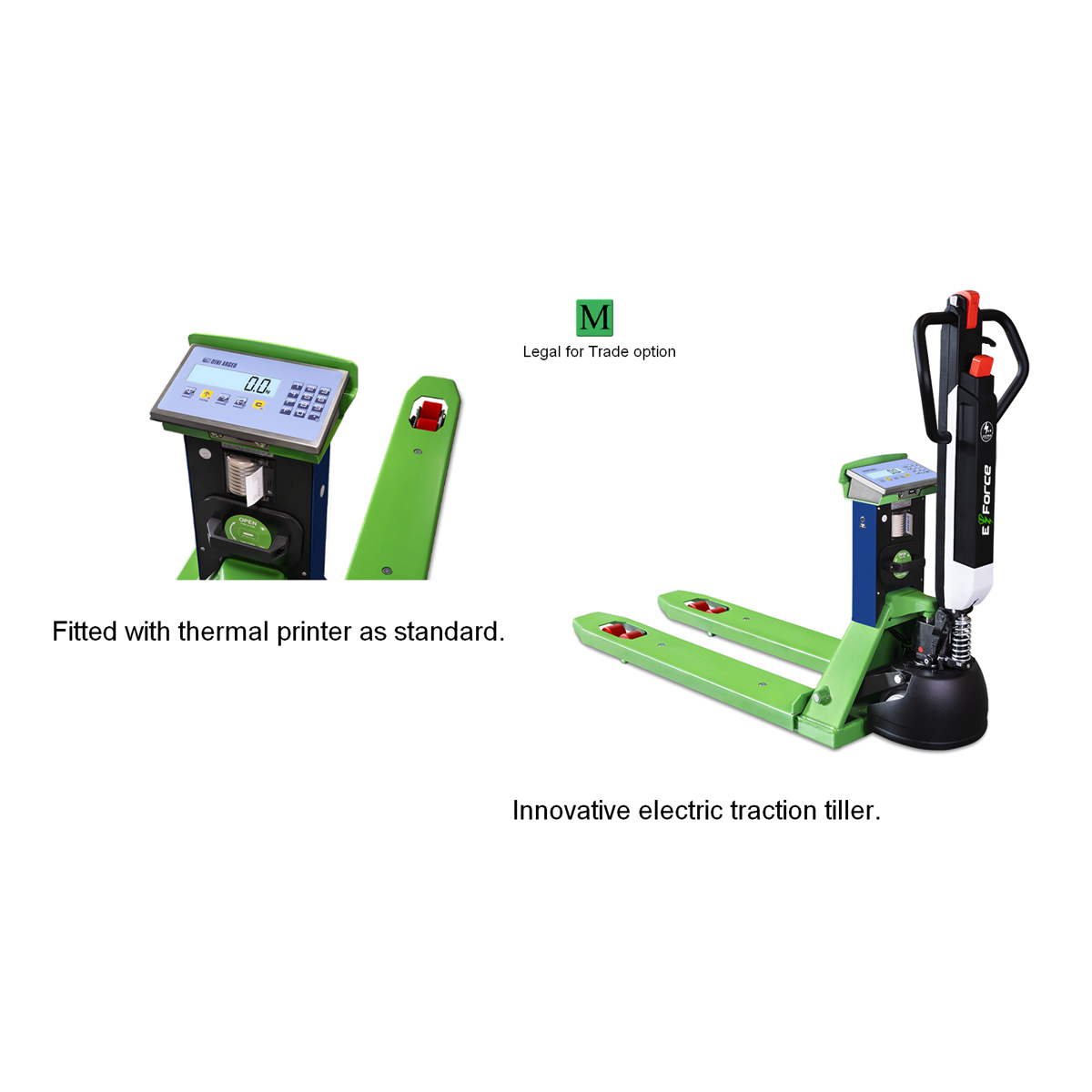 TPW E-FORCE pallet truck scale with electric traction tiller.